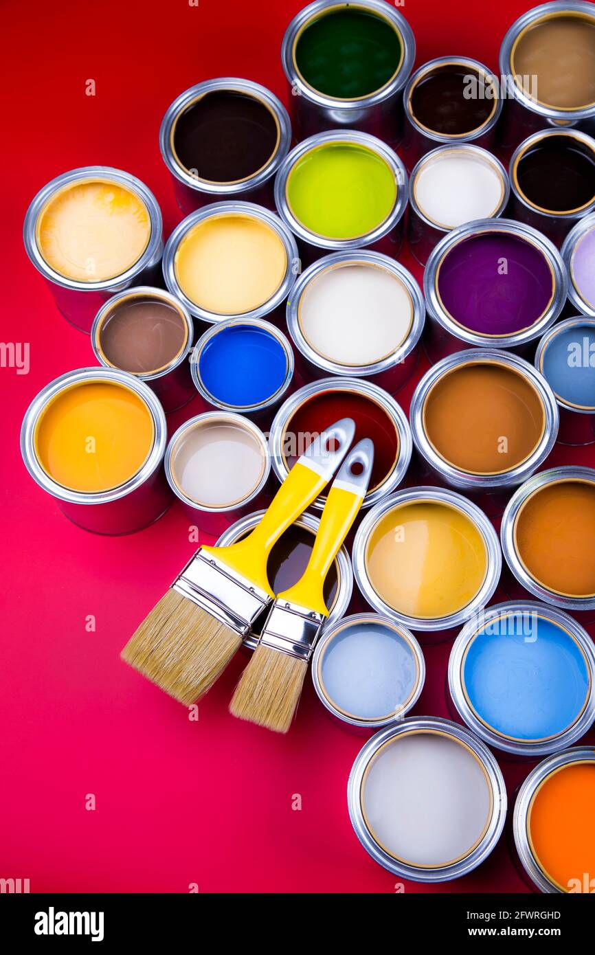 Open paint cans with a brush, Rainbow colors Stock Photo - Alamy
