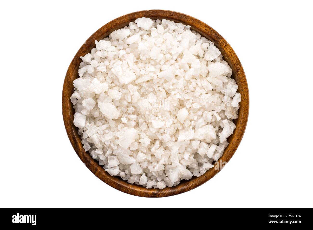 Top view of sea salt in wooden bowl on white background with clipping ...