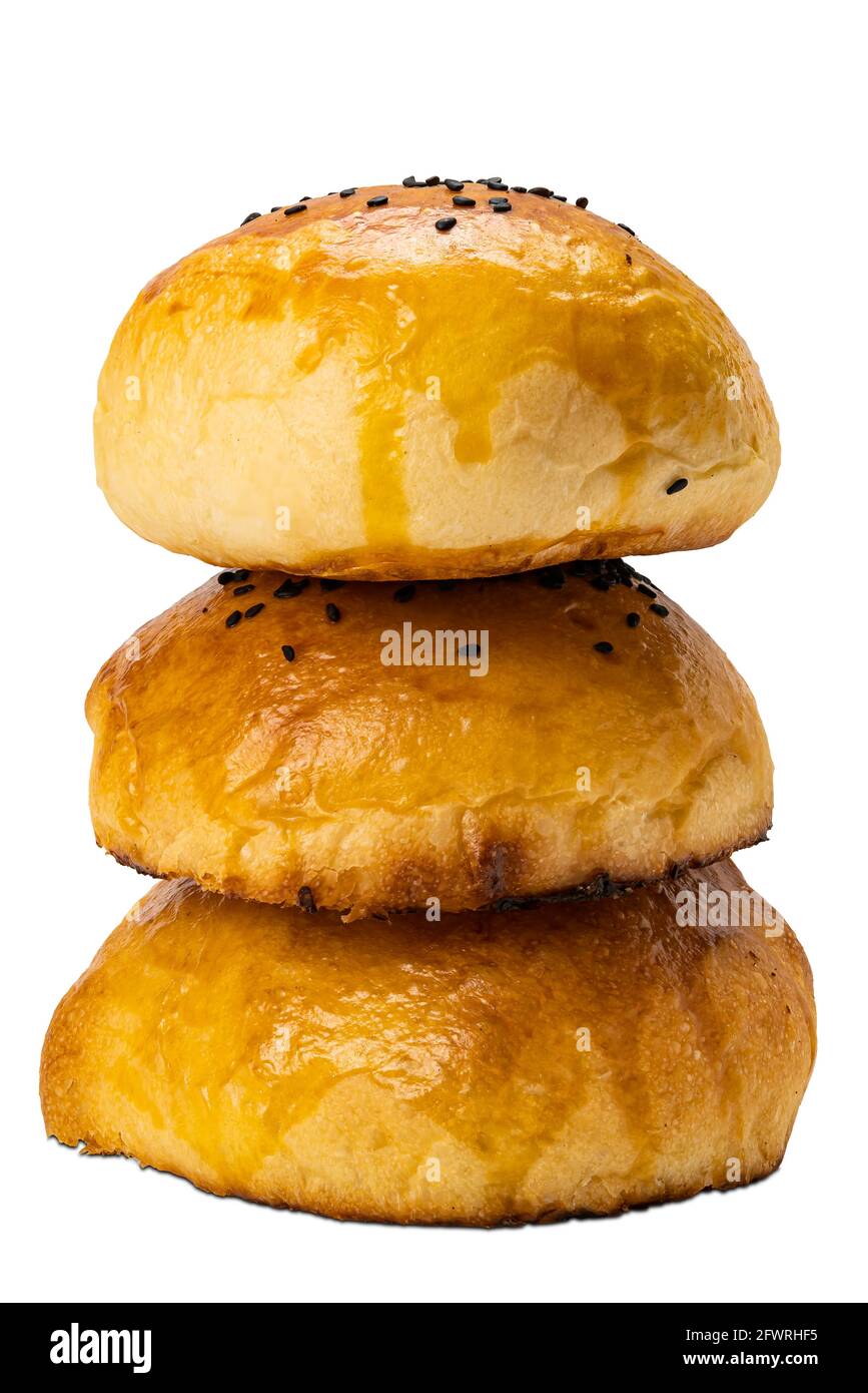 Side view stack of burger bun isolated on white background with ...