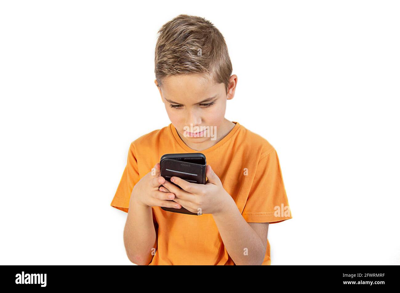 boy looking into the phone on a white background Stock Photo - Alamy