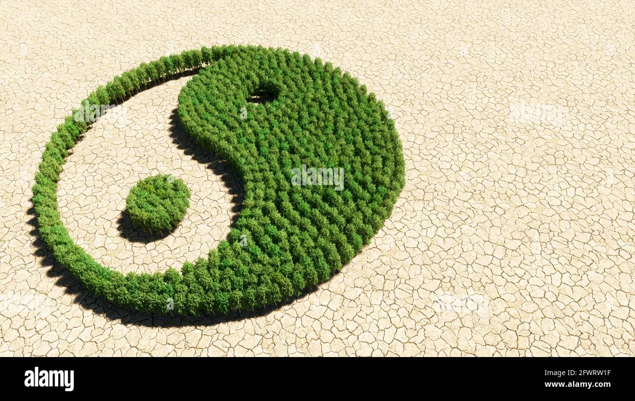 Concept or conceptual group of green forest tree on dry ground ...