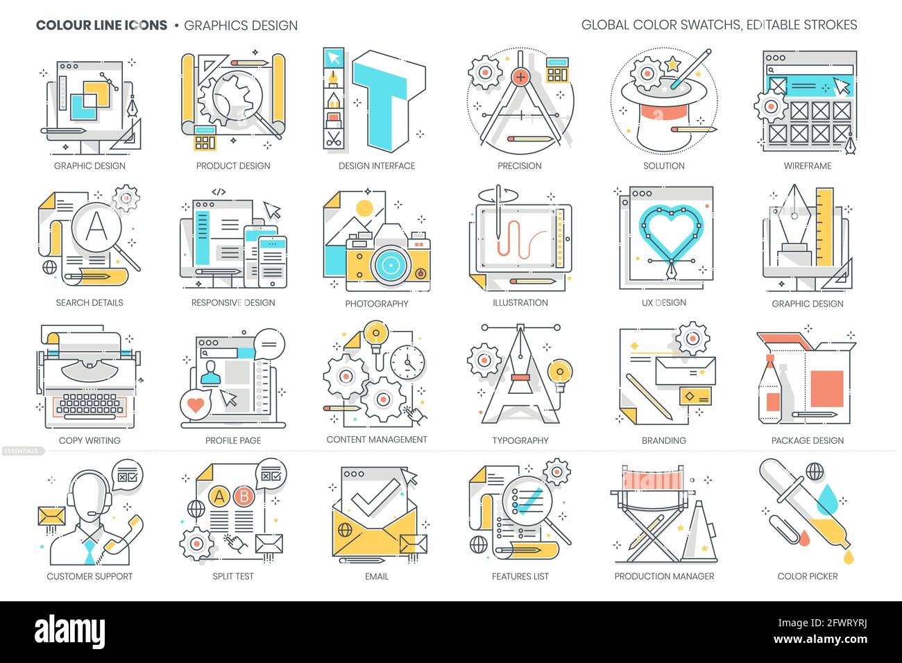 Graphic design related, color line, vector icon, illustration set Stock ...