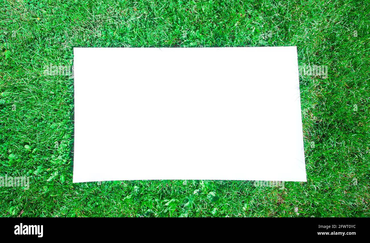 white empty board in green grass background, empty space for your text ...