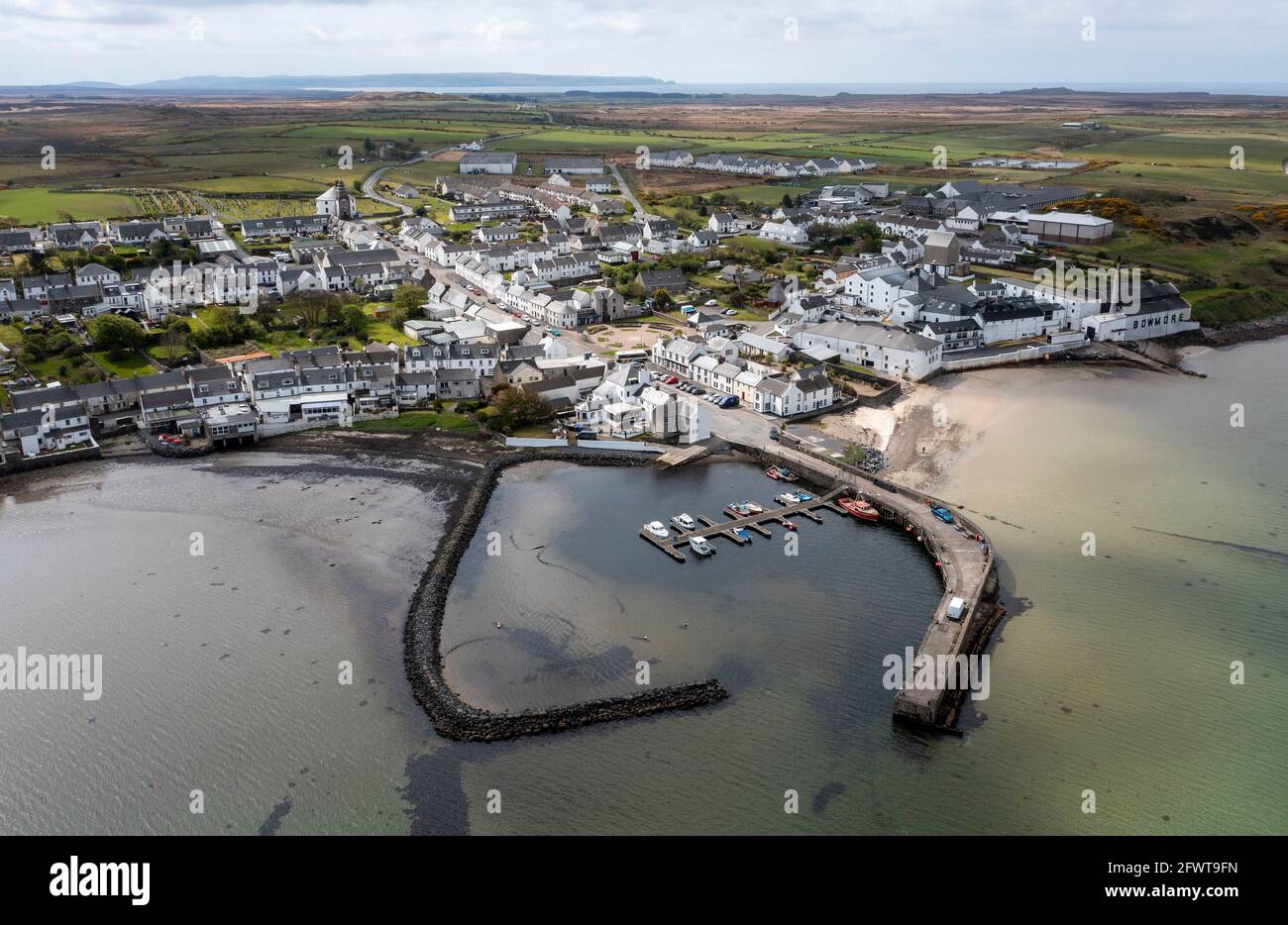 Aerial view of Bowmore harbour and Bowmore town centre, Islay, Scotland ...