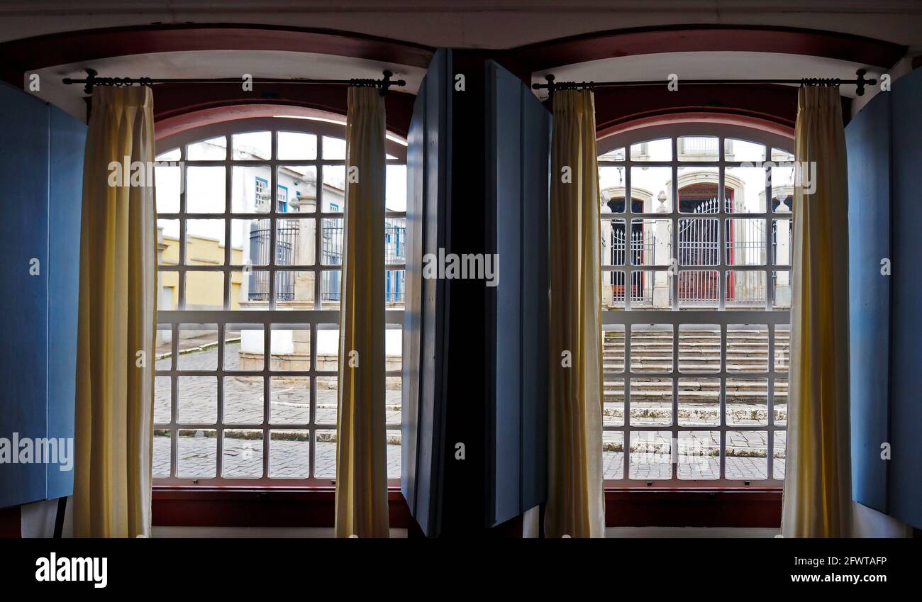 View of baroque church through colonial windows, Sao Joao del Rei ...