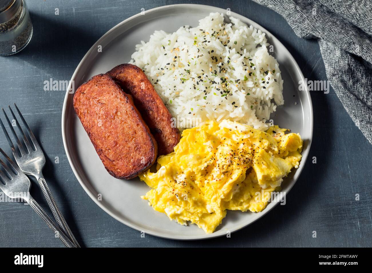 Homemade Hawaiian Egg Breakfast with Ham and Rice Stock Photo - Alamy