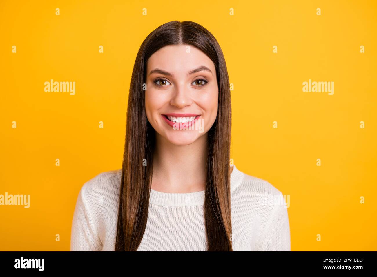Portrait of gorgeous young girl candid toothy smile look camera ...