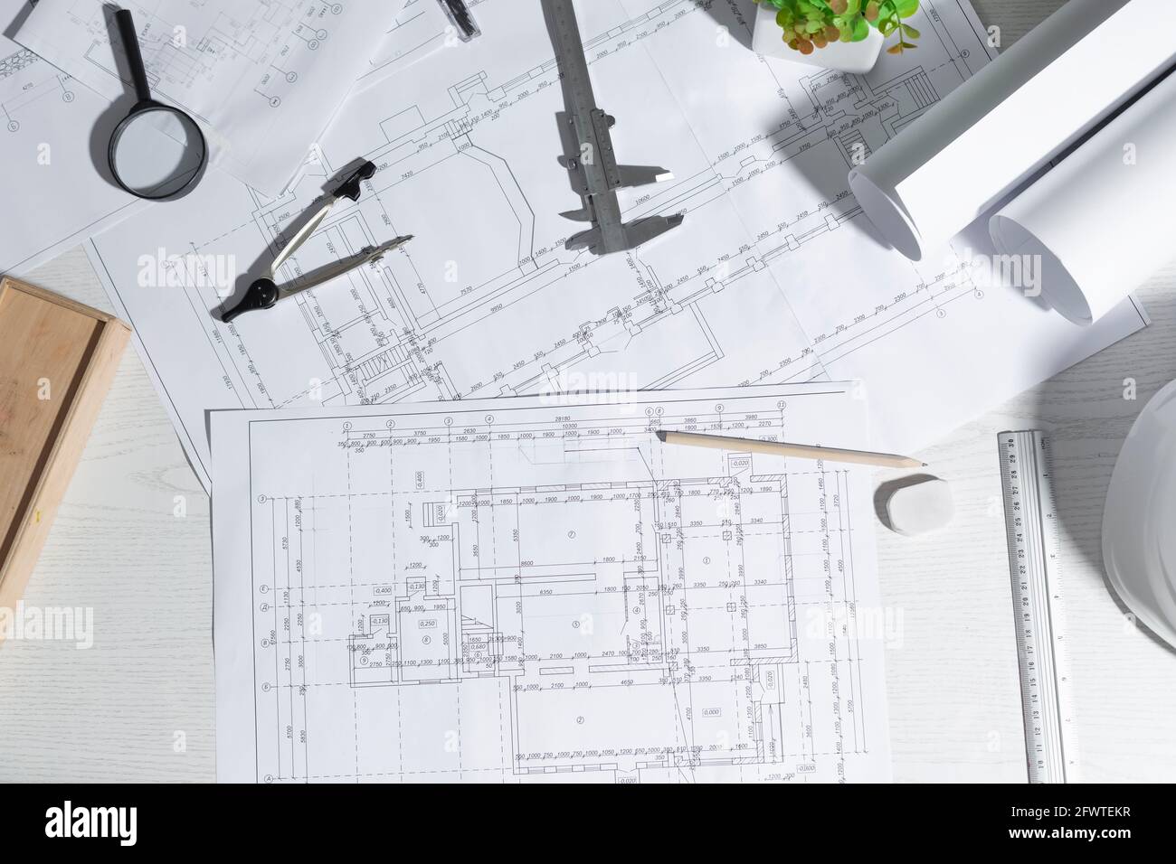 Work Desk Of The Architect Of The Design Project Sketches Workplace Of A Civil Engineer
