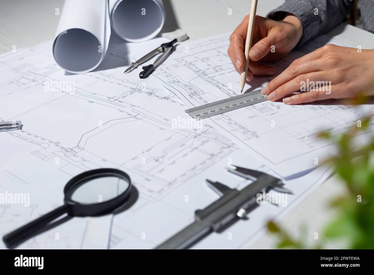 The hands architect draw a sketch of a design project with a pencil ...