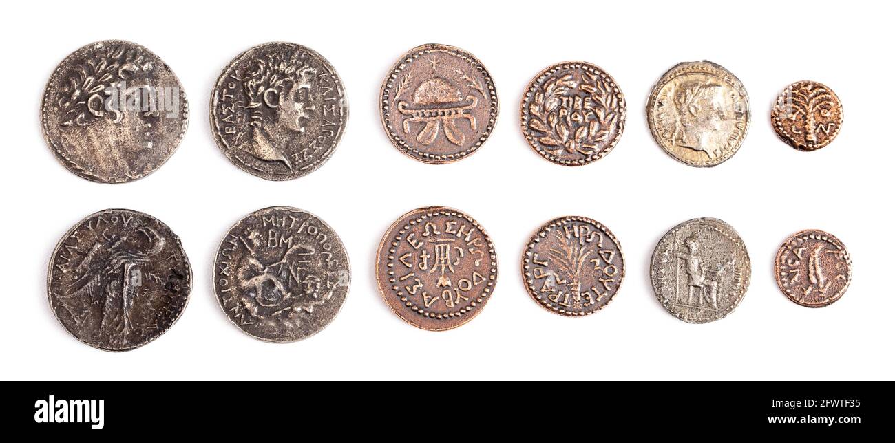Six Ancient Roman and Jewish Coin Replicas Isolated on a White ...