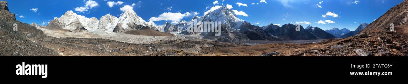 Panoramic view of Everest, Pumori, Kala Patthar and Nuptse with beautiful clouds on sky, Khumbu ...