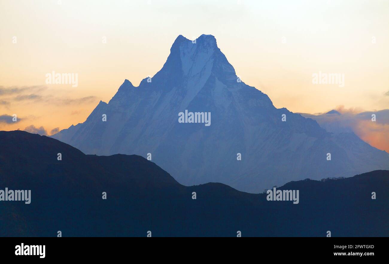 Silhouette of mount Machhapuchhre, round Annapurna circuit trekking ...