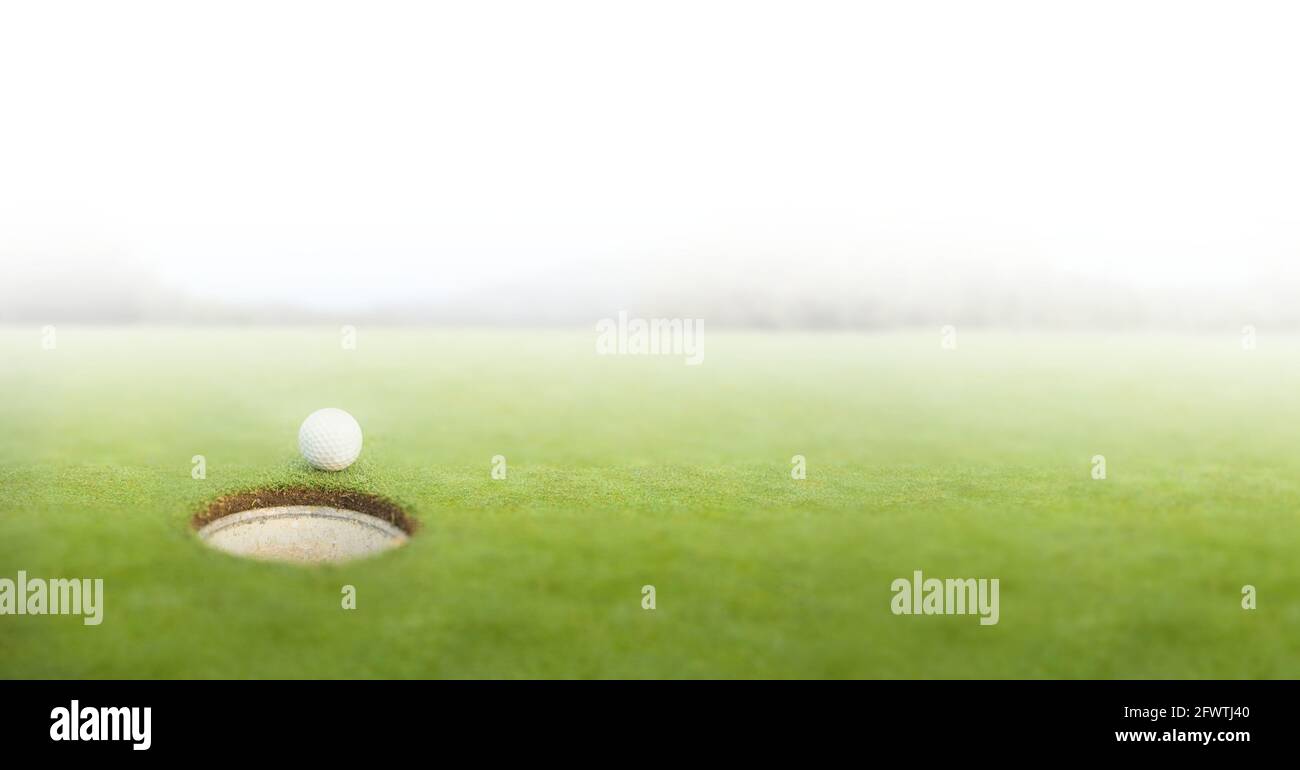 Composition of golf ball on golf course over white blur Stock Photo - Alamy