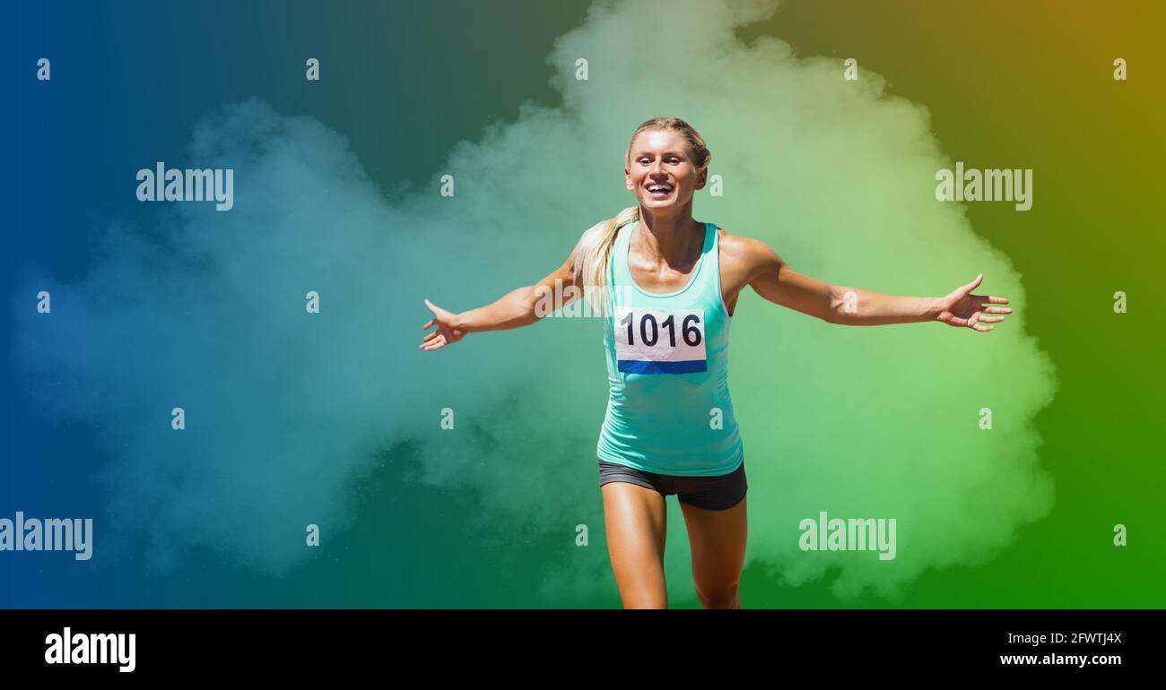 Composition of athletic woman running and smiling on colorful ...