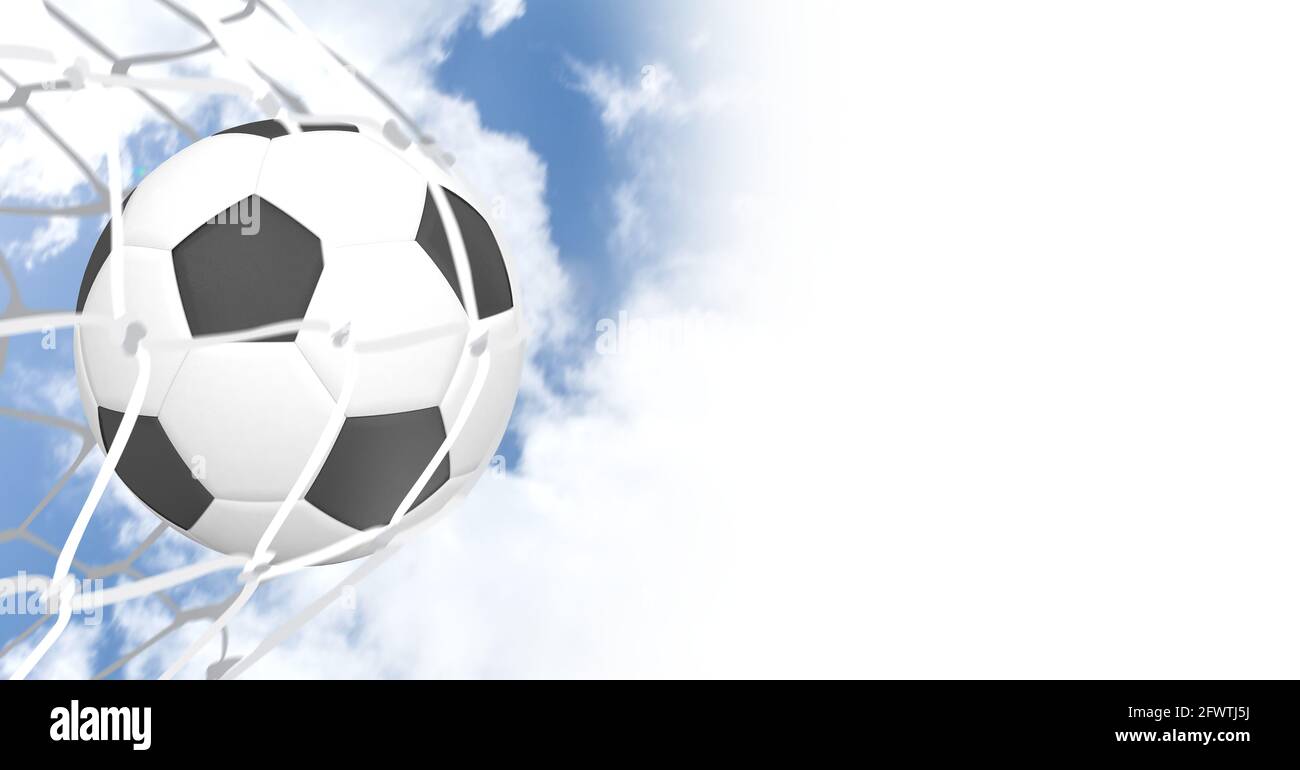 Composition of football in goal over blue sky with clouds on white ...