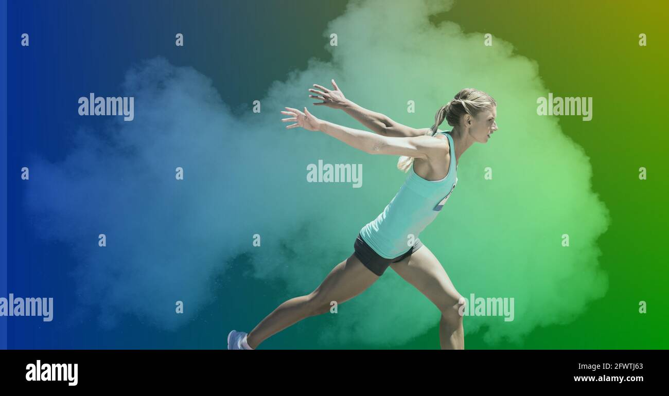 Composition of athletic woman running over smoke on colorful background ...