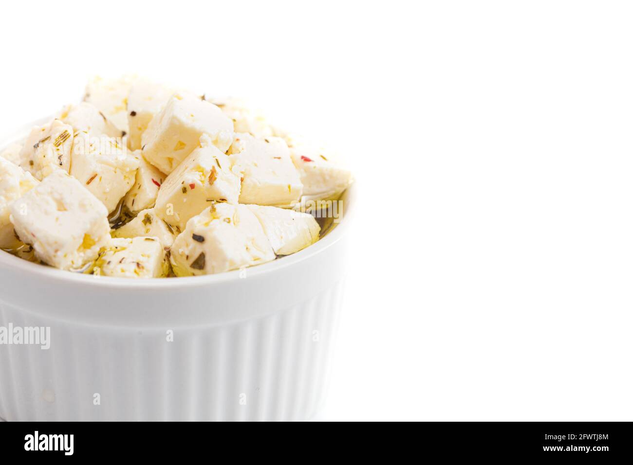 Bowl Filled with Cubed Feta Cheese Isolated on a White Background Stock ...