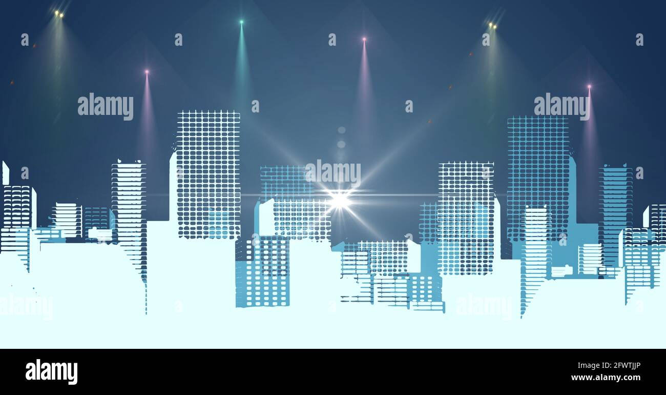 Composition of glowing spots of light over cityscape at night Stock ...