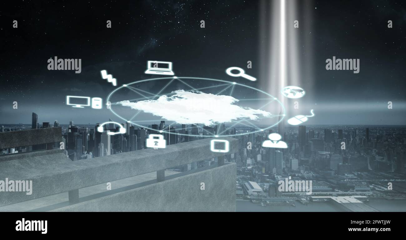 Composition of network of connections with map and glowing light over ...