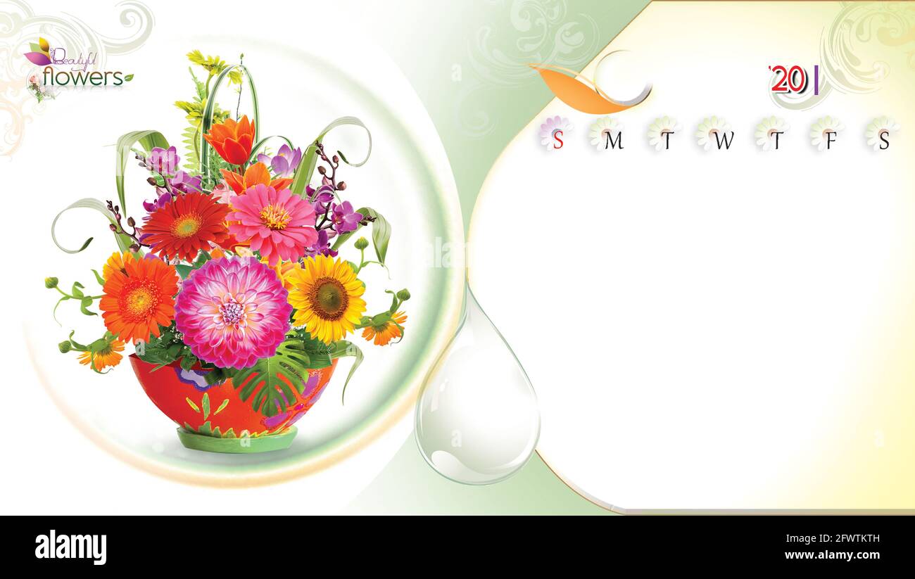 Flower with Vase Arrangement, Table Calendar Layout Design Stock Photo ...