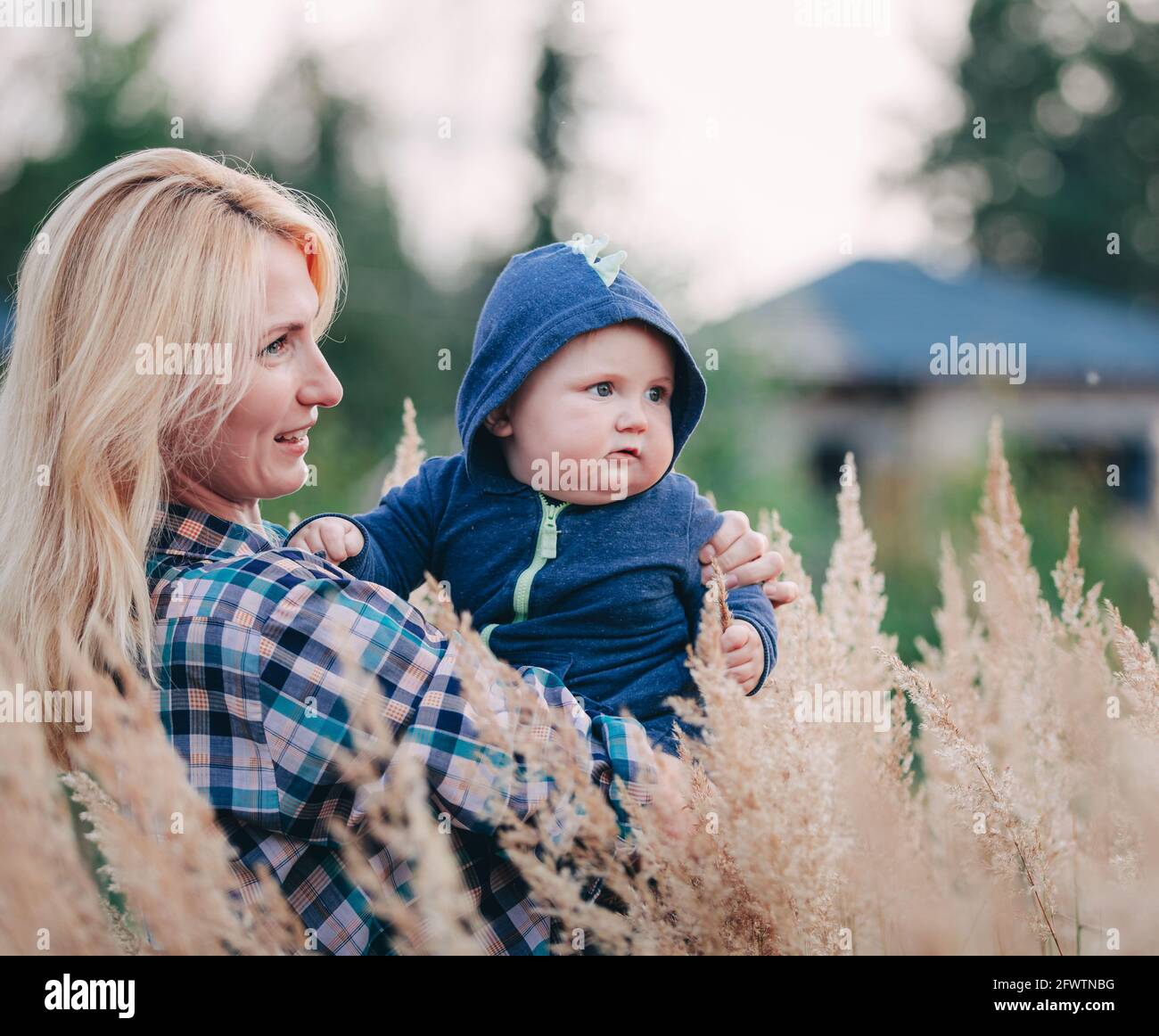 A young mother walks with her baby in a field with tall grass. Mom ...