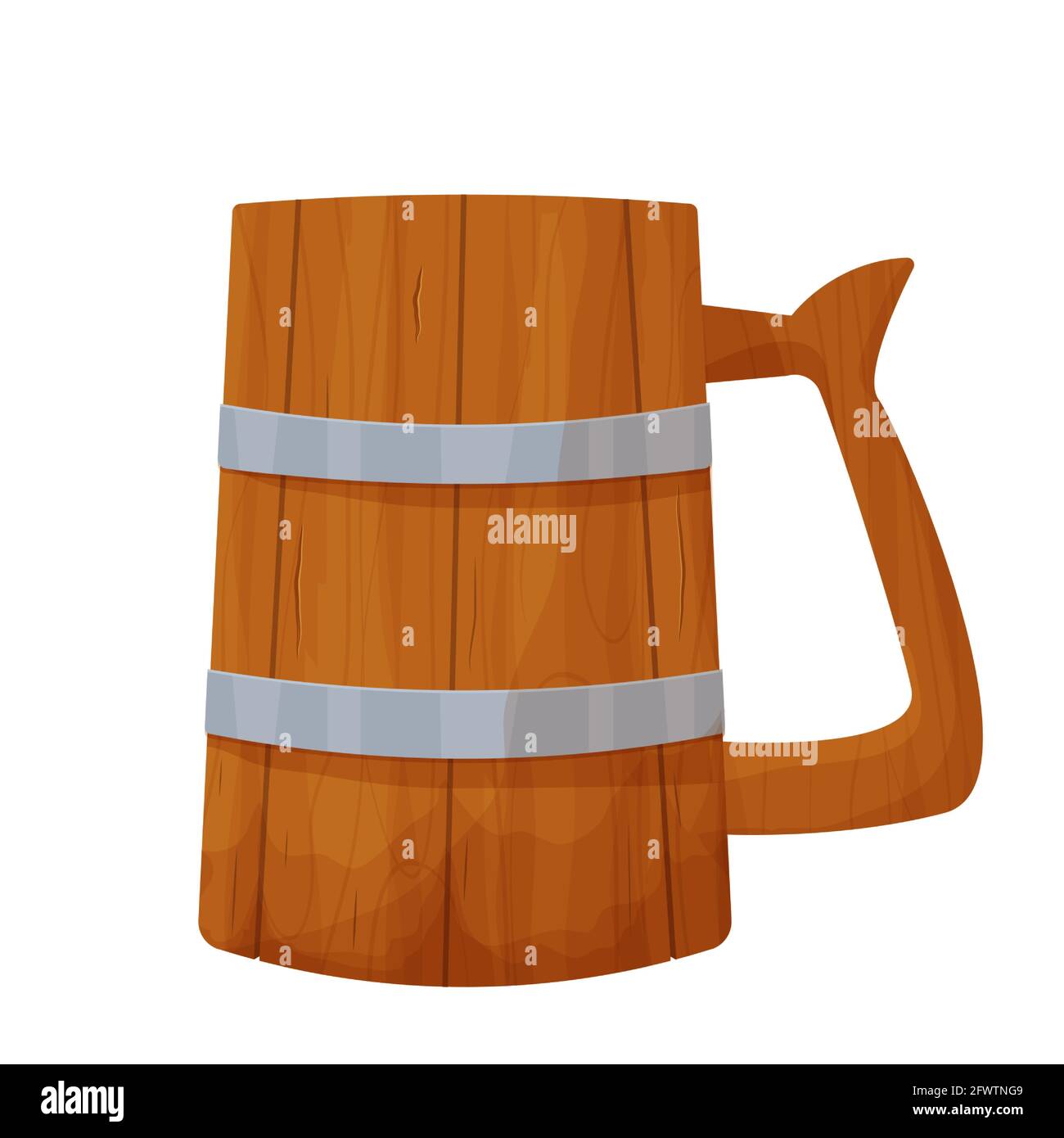 Wooden mug in cartoon style isolated on white background. Alcohol ...