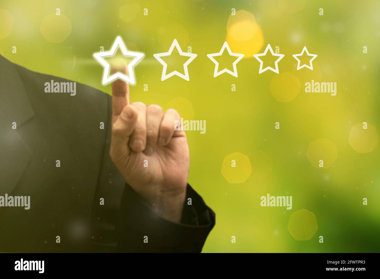 Businessman hand touching on five star excellent rating, leave feedback ...