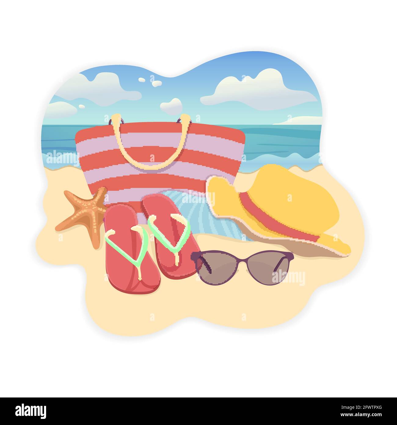 Beach accessories, flat illustration, summer vacation sticker design ...