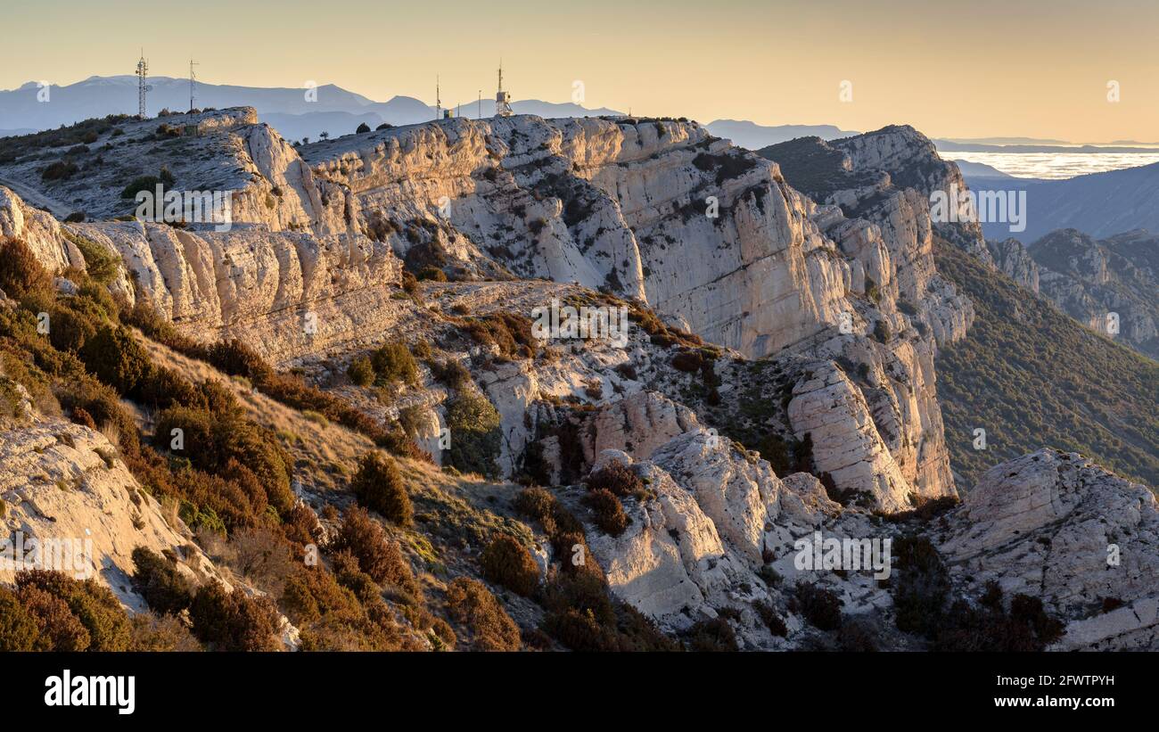 Sunrise seen from the Sant Alís summit, the highest point of Montsec d ...