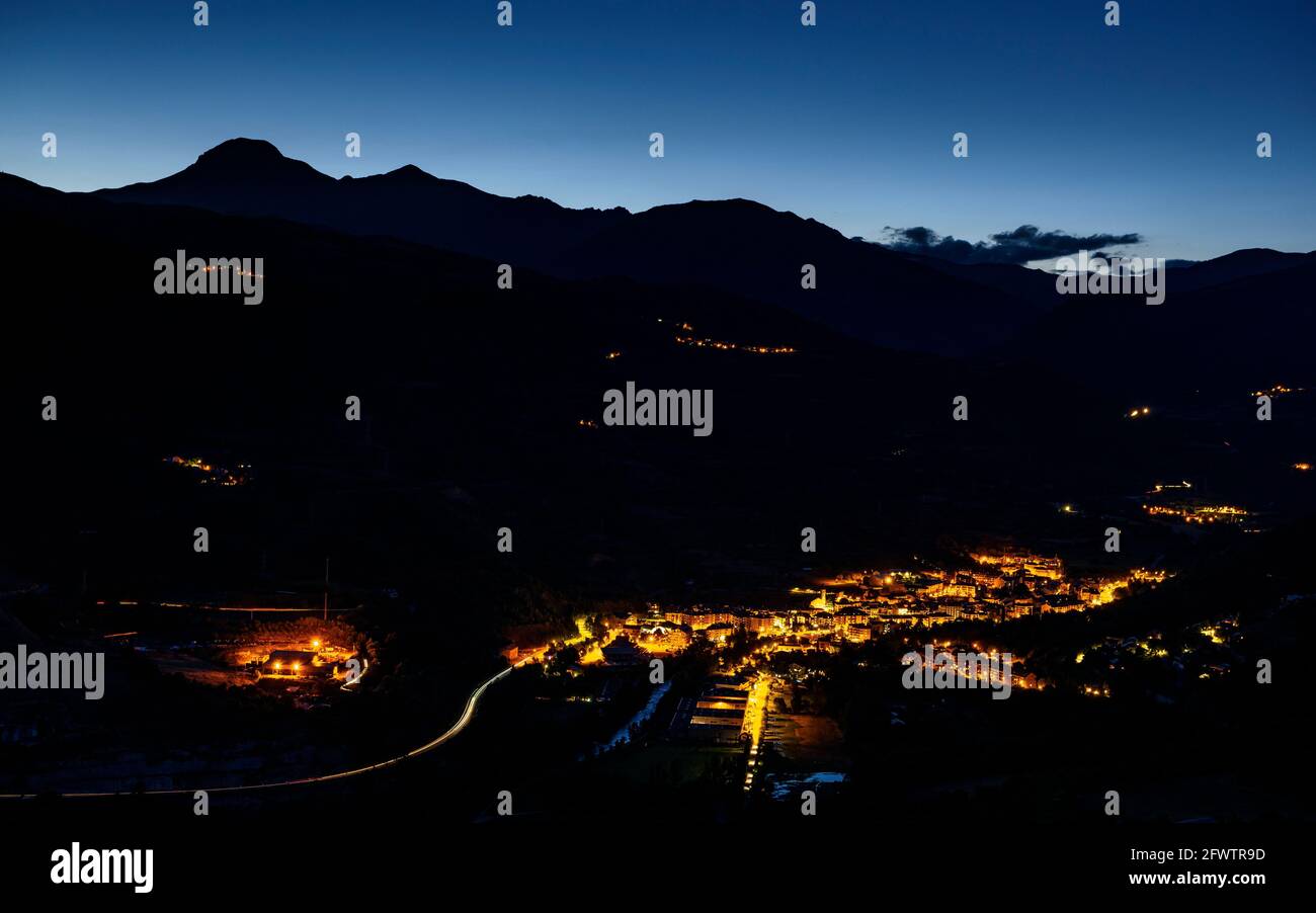 Twilight over Sort valley and town. In the background, the Montsent de ...