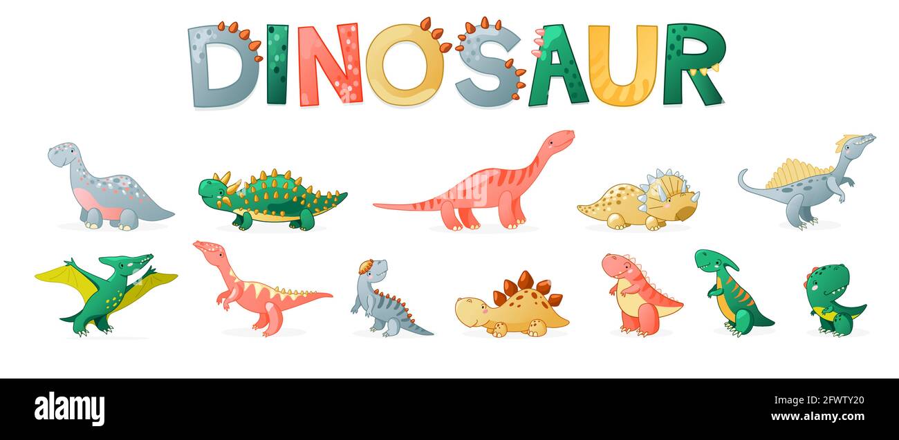 Cute cartoon dinosaur set. Funny dino characters for kids design ...