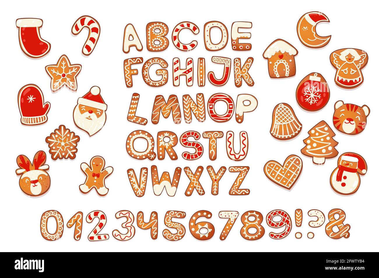 Christmas gingerbread cookies alphabet with figures. Biscuit letters ...