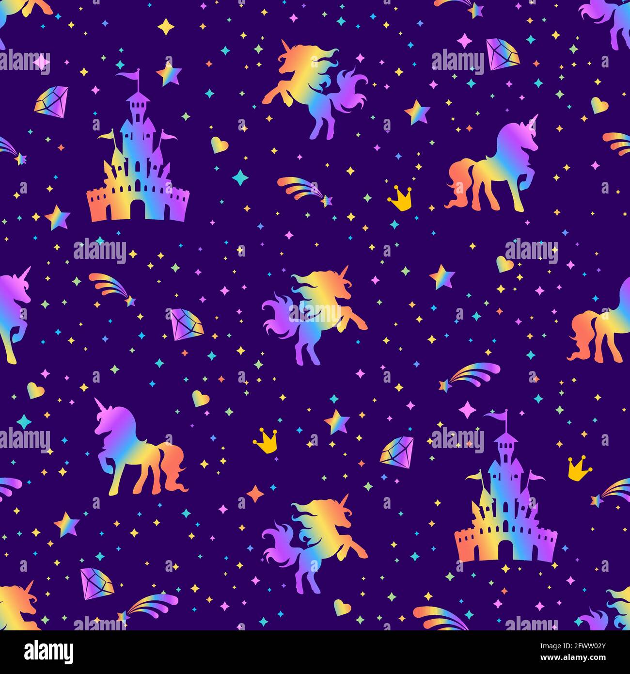 Seamless rainbow pattern with unicorns, hearts, crowns and stars on a ...