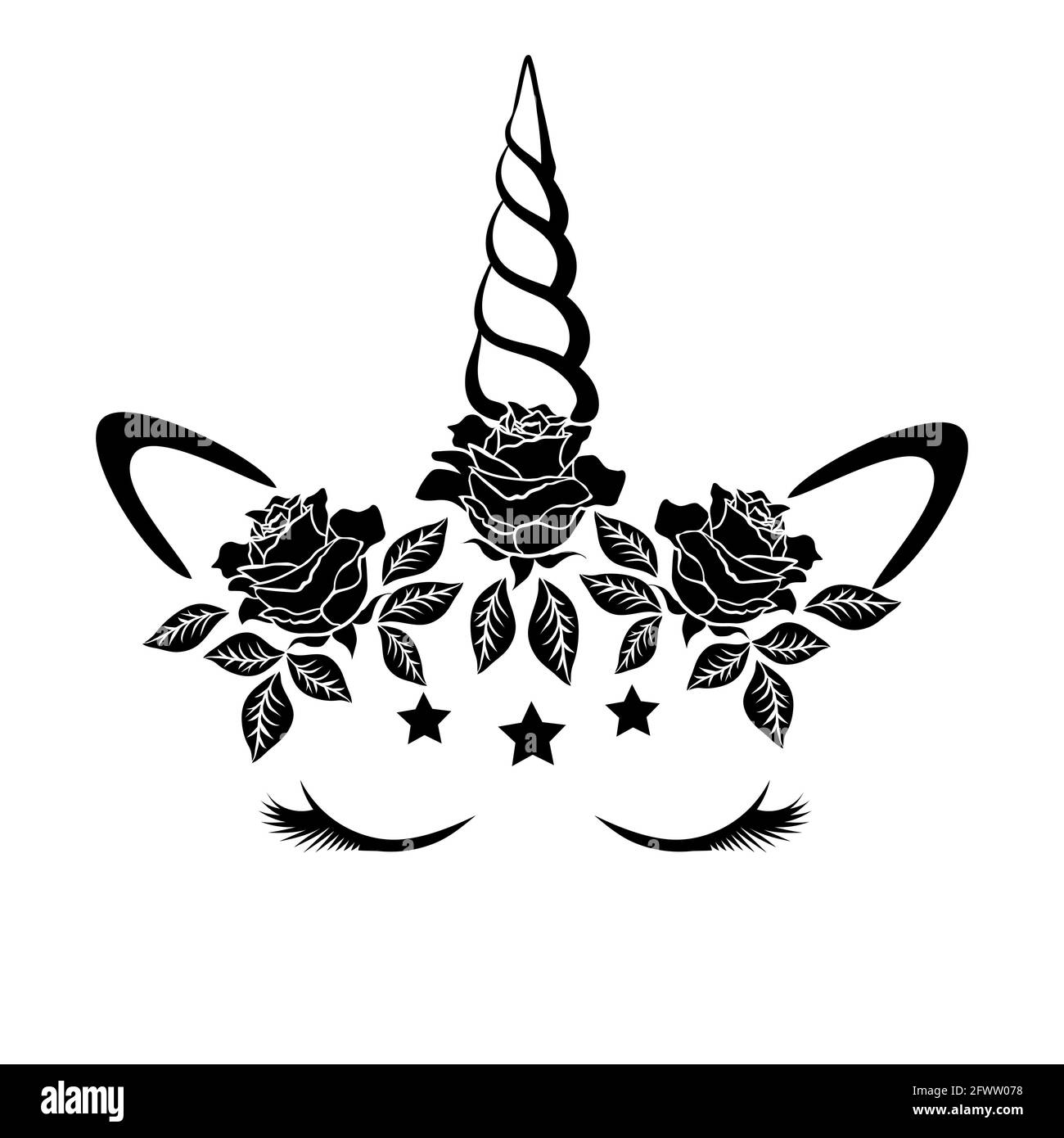 Vector unicorn face with closed eyes and wreath of flowers. Black ...