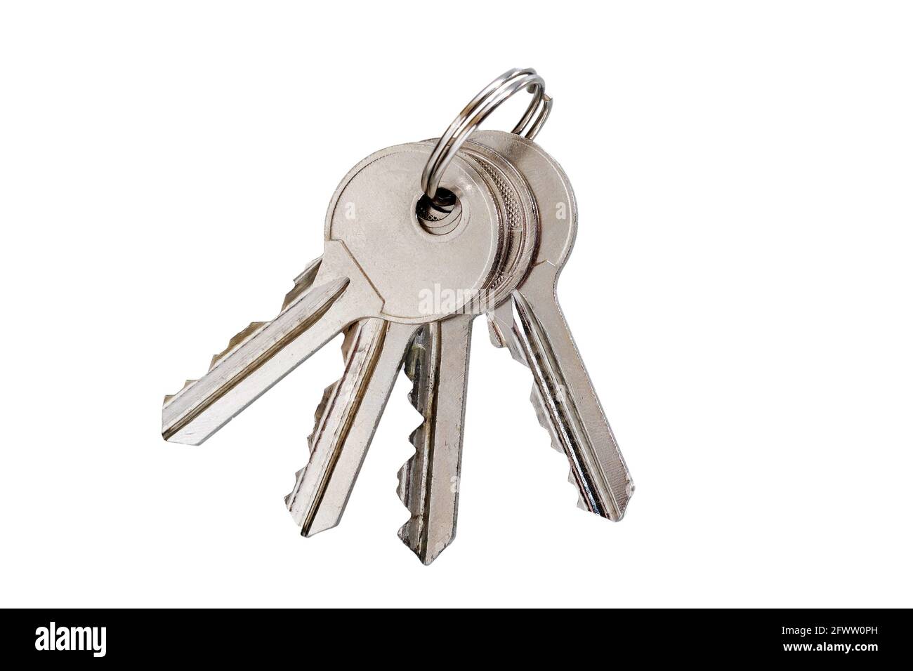 set of cylinder lock keys on keyring isolated on white background Stock ...