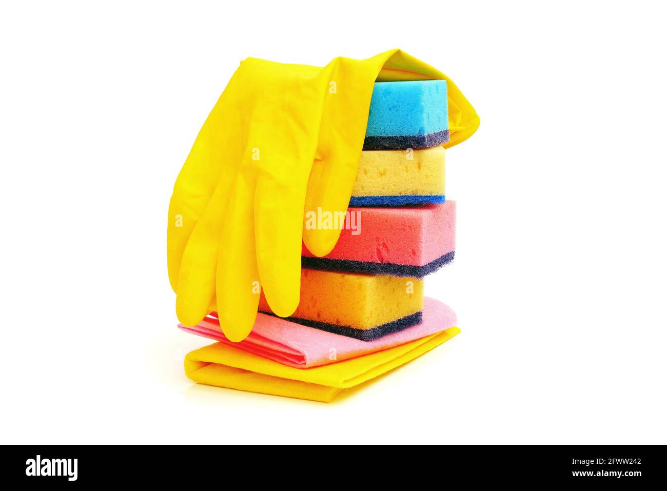 stack of kitchen sponges, yellow rubber household gloves and surface ...