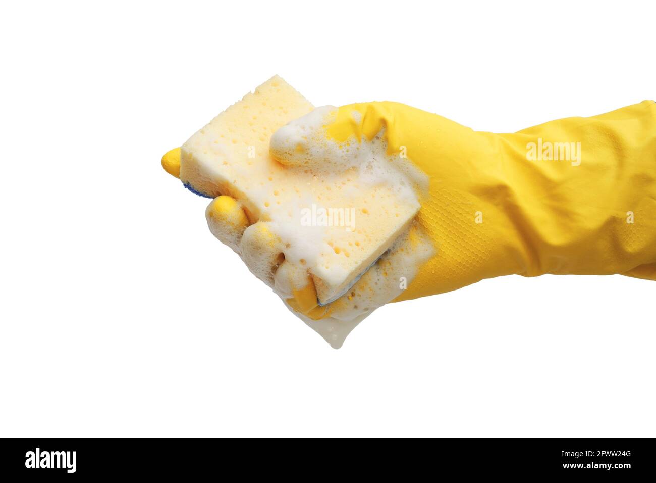 hand in rubber yellow glove holding soapy sponge isolated on white ...