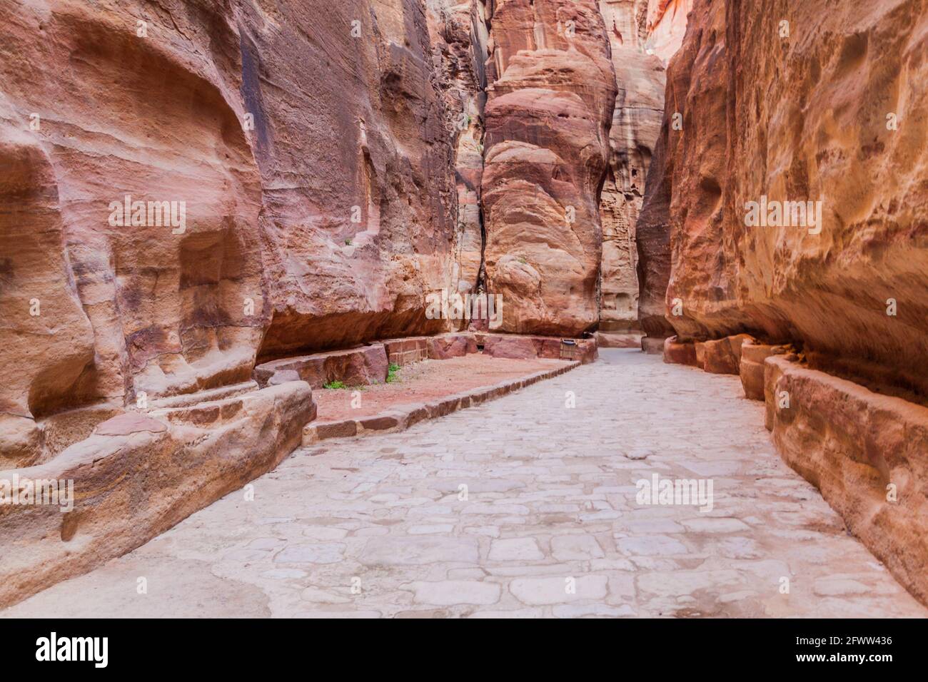 The Siq, narrow gorge, main entrance to the ancient city Petra, Jordan ...