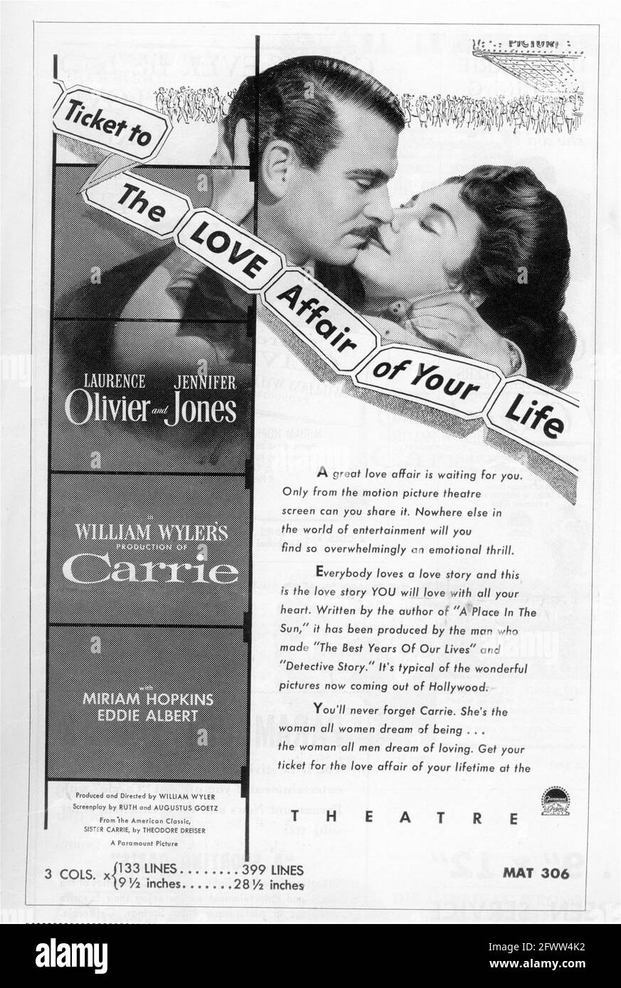 LAURENCE OLIVIER and JENNIFER JONES in CARRIE 1952 director WILLIAM ...