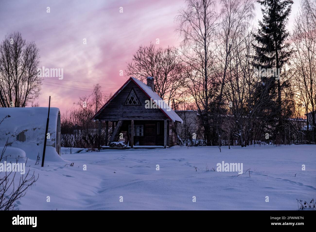 snow covered fields in winter near forest. dark snowy ambient image ...