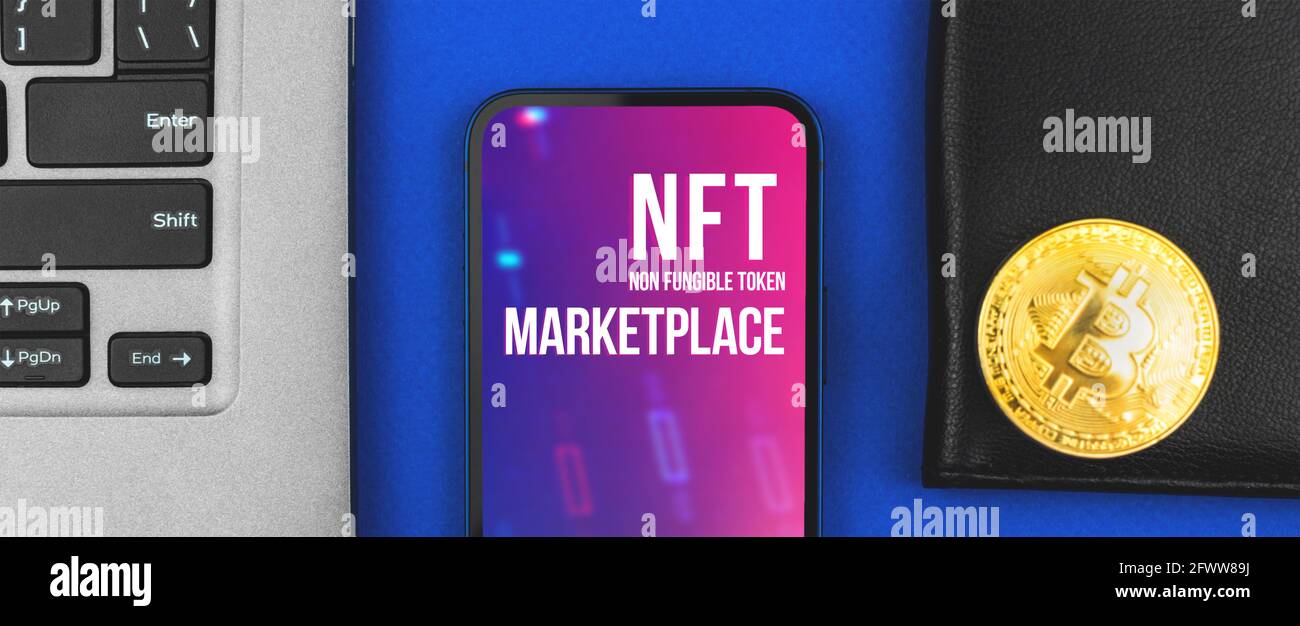 Banner NFT crypto art marketplace, modern mobile phone with logo and ...