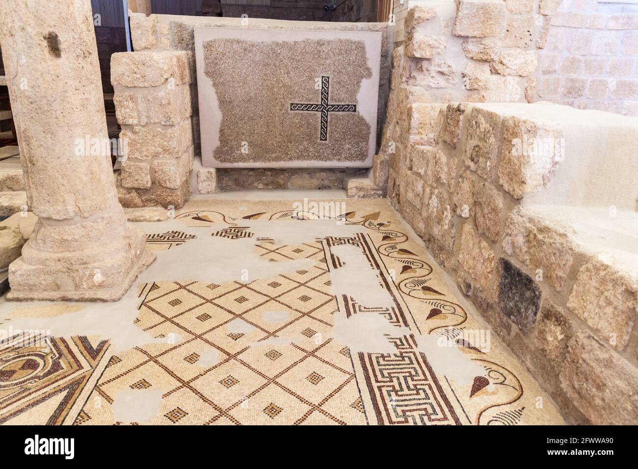 MOUNT NEBO, JORDAN - MARCH 21, 2017: Mosaics in the Moses Memorial church at the Mount Nebo ...