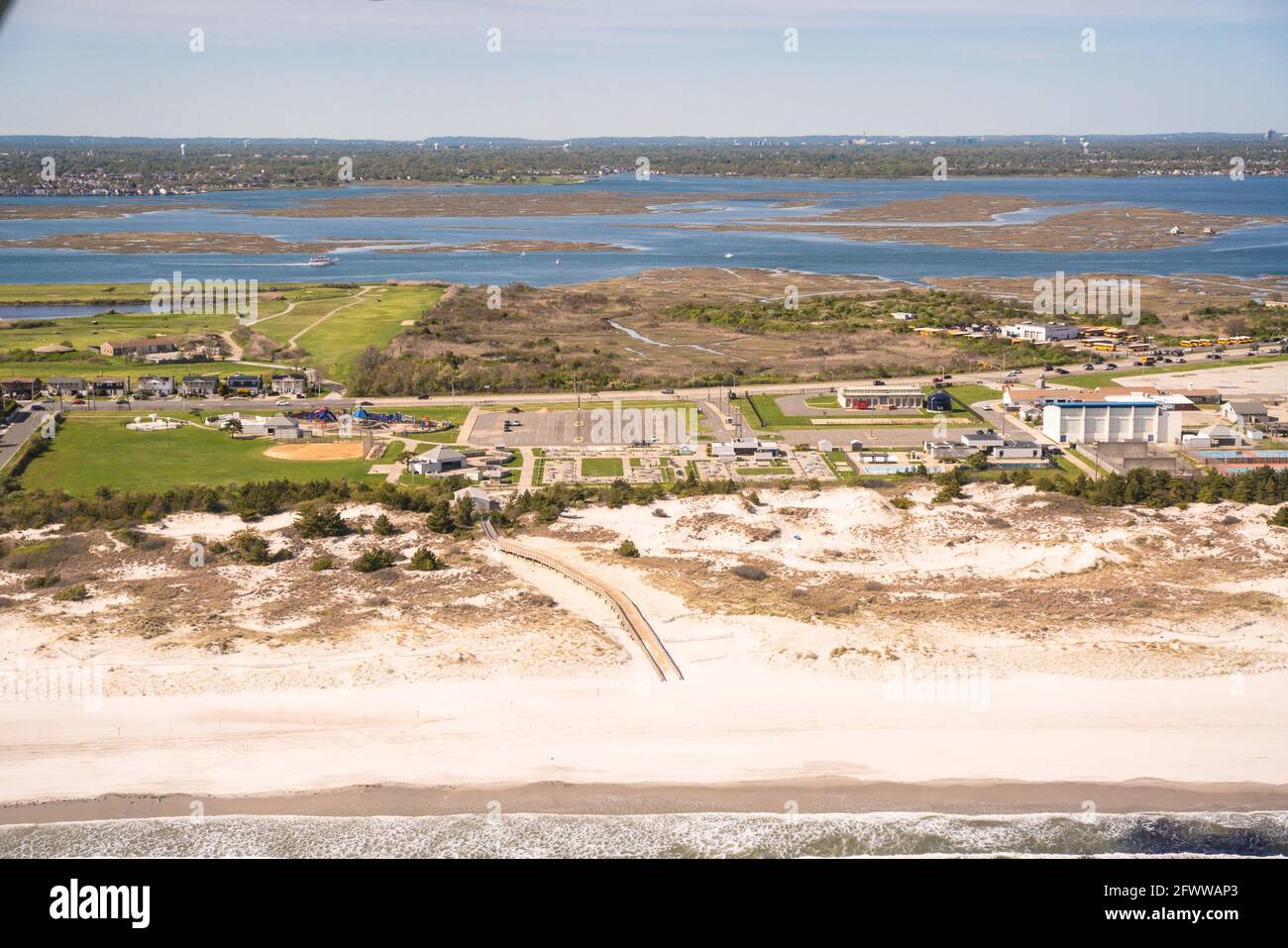 Aerial view over Nassau County on Long Island New York with Lido Beach ...