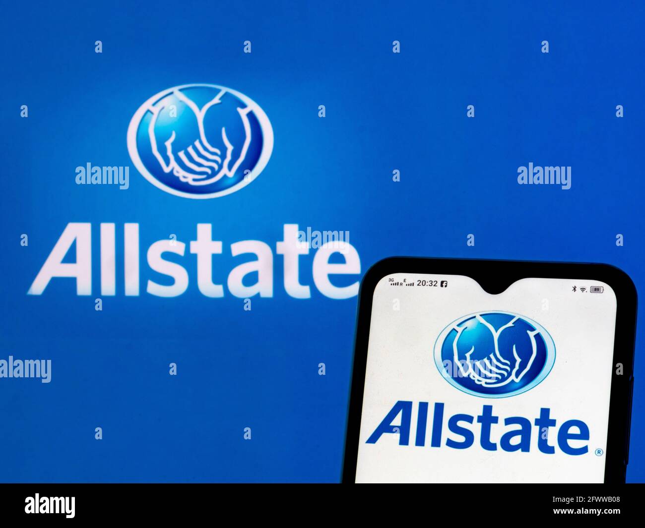 In this photo illustration Allstate Corporation logo seen displayed on ...