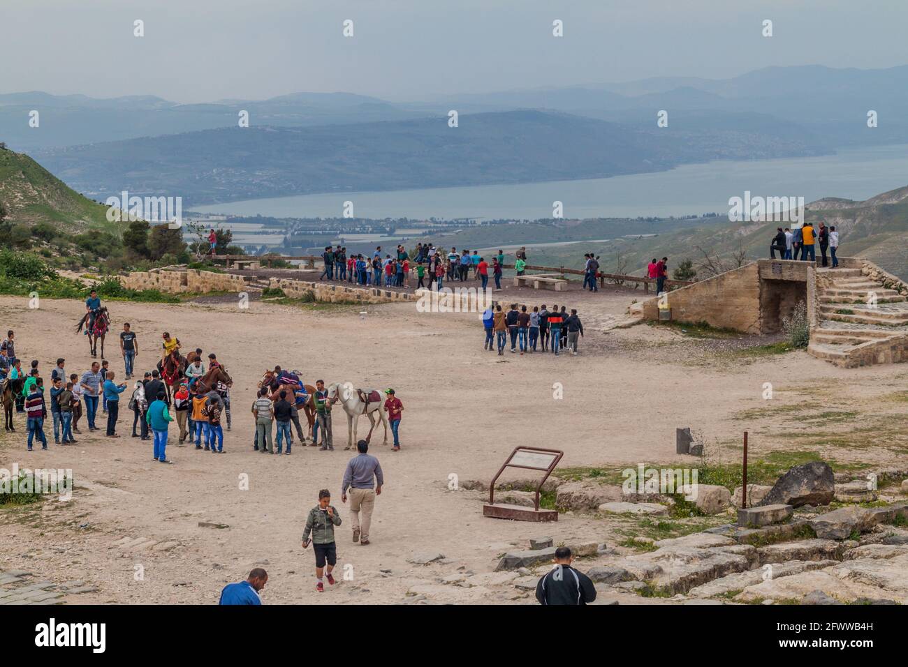 UMM QAIS, JORDAN - MARCH 30, 2017: Tourists visit the viewpoint of Sea ...
