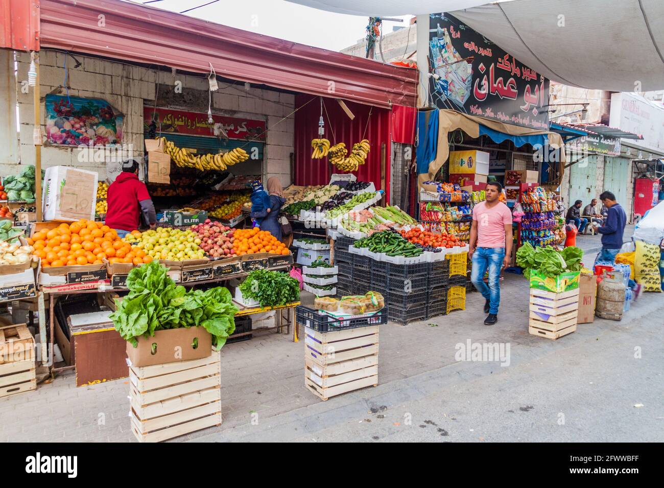 KARAK, JORDAN - APRIL 2, 2017: Fruit and vegetable market in Karak town ...