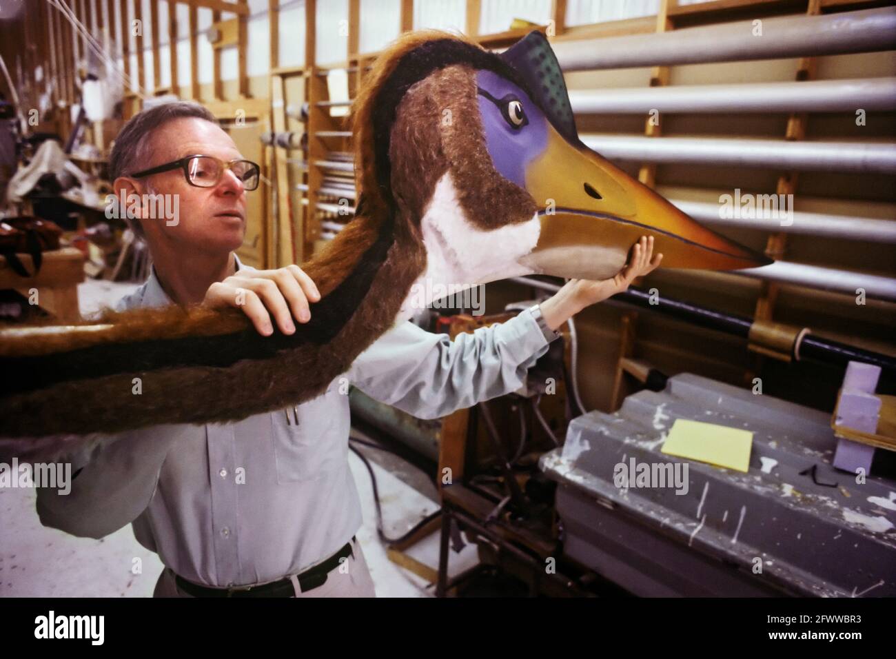 Paul MacCready with the head of a pterosaur model. He studies the head ...