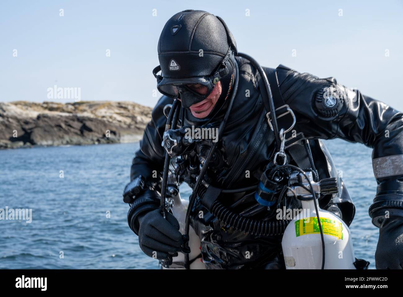 April 17, 2021 - Hamburgsund, Sweden: A scuba diver have just return to ...