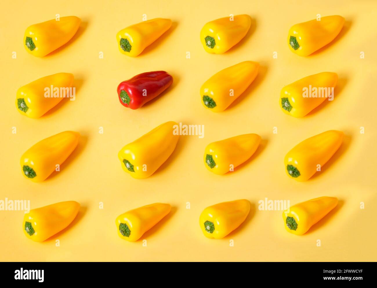 Pattern of yellow peppers on yellow background that is broken by a red ...