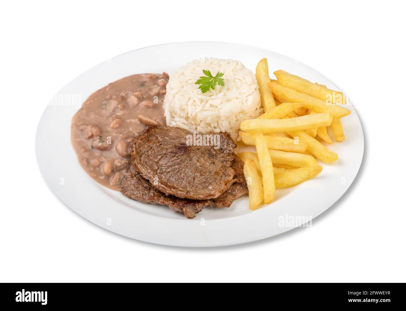 Beef, rice, beans and french fries. Typical brazilian executive dish ...